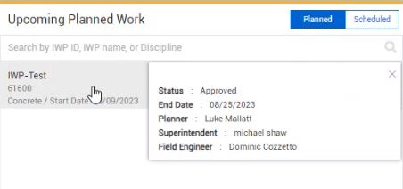 Upcoming planned work tile
